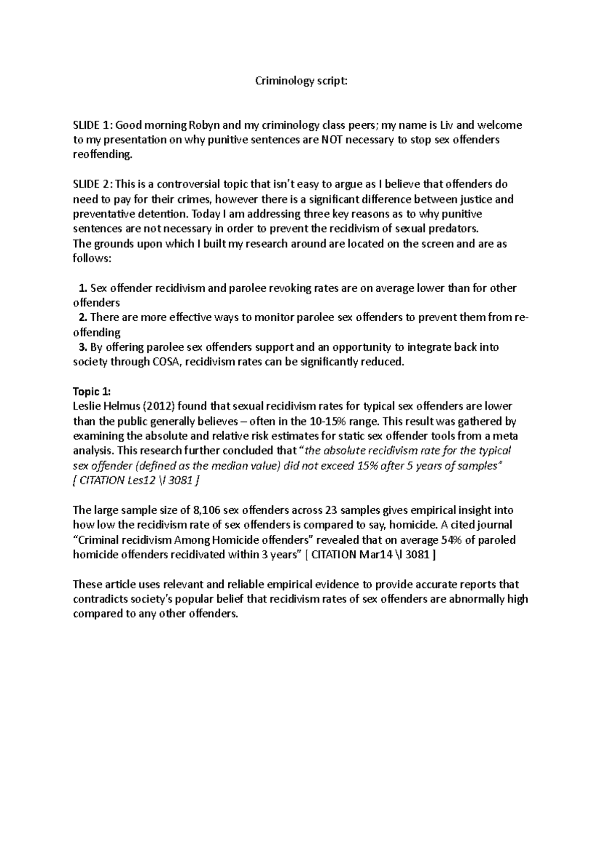 Criminology script for powerpoint - 1011CCJ - Griffith - Studocu