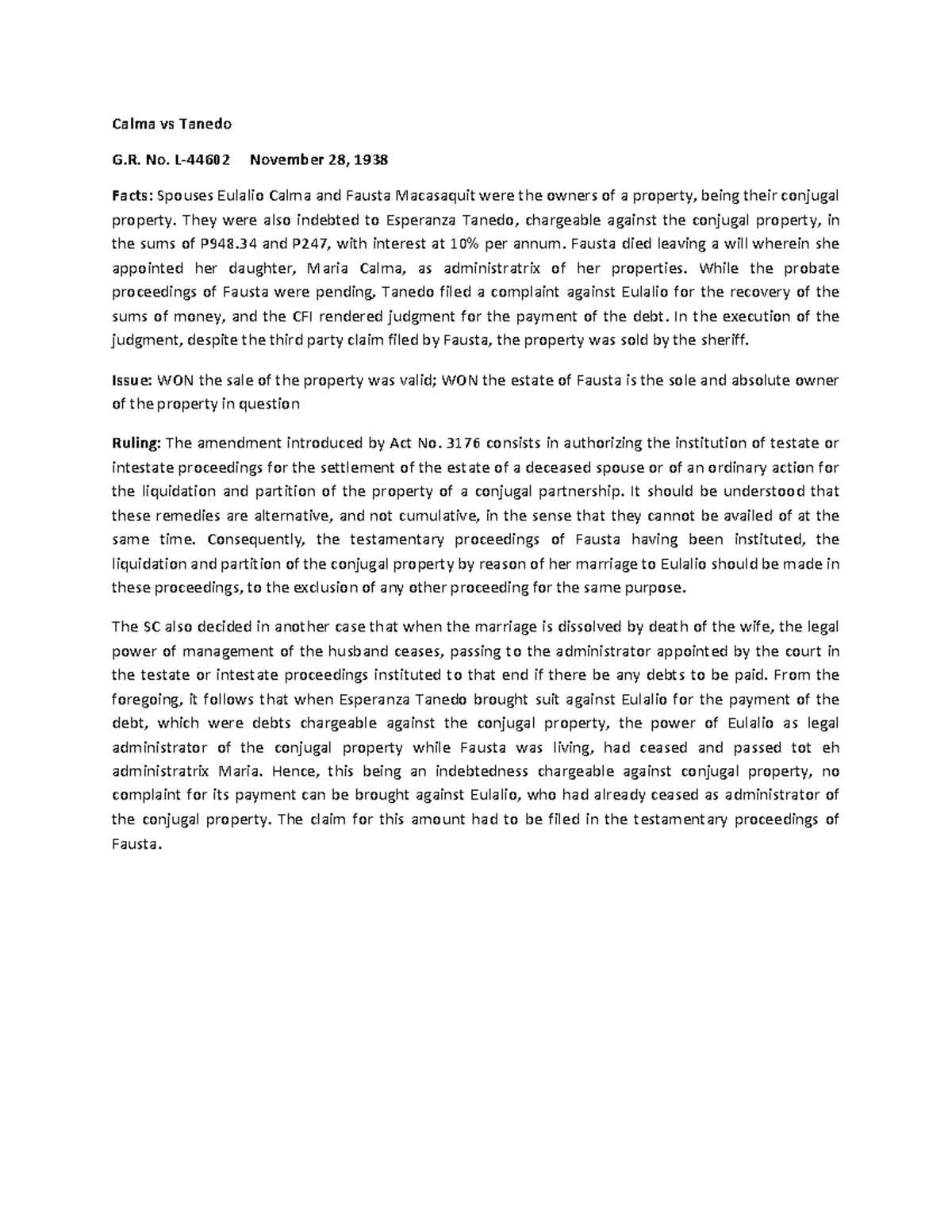 Calma v. Tanedo, 66 Phil 594 (1938) - Calma vs Tanedo G. No. L- 44602 ...