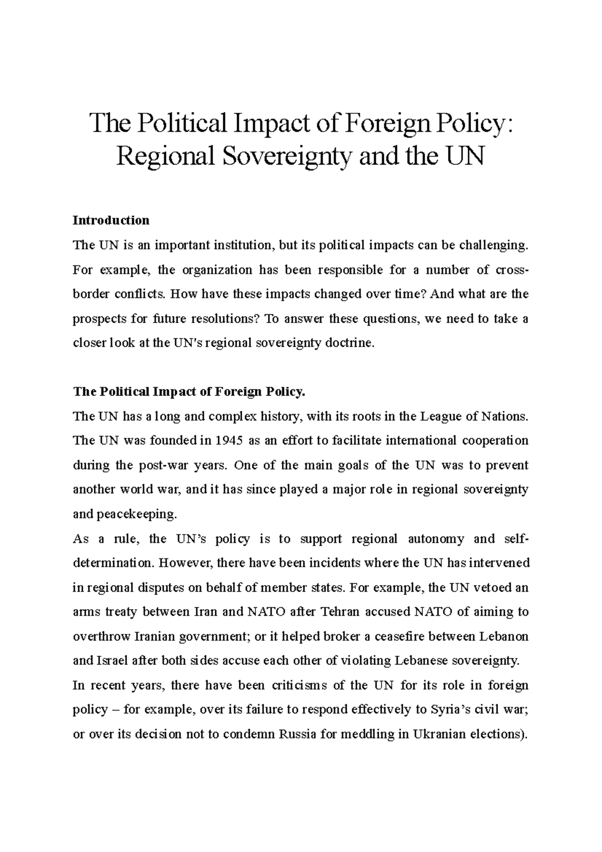 The Political Impact of Foreign Policy Regional Sovereignty and the UN ...