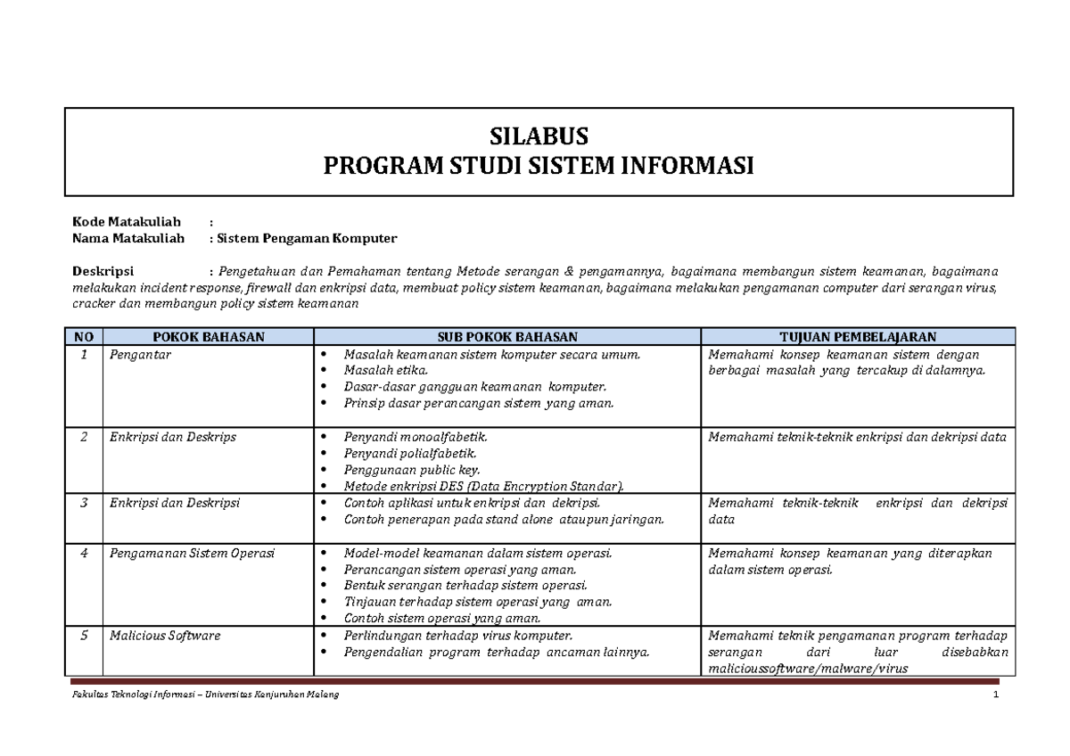 Sistem Pengaman Komputer - SILABUS PROGRAM STUDI SISTEM INFORMASI Kode Matakuliah : Nama ...