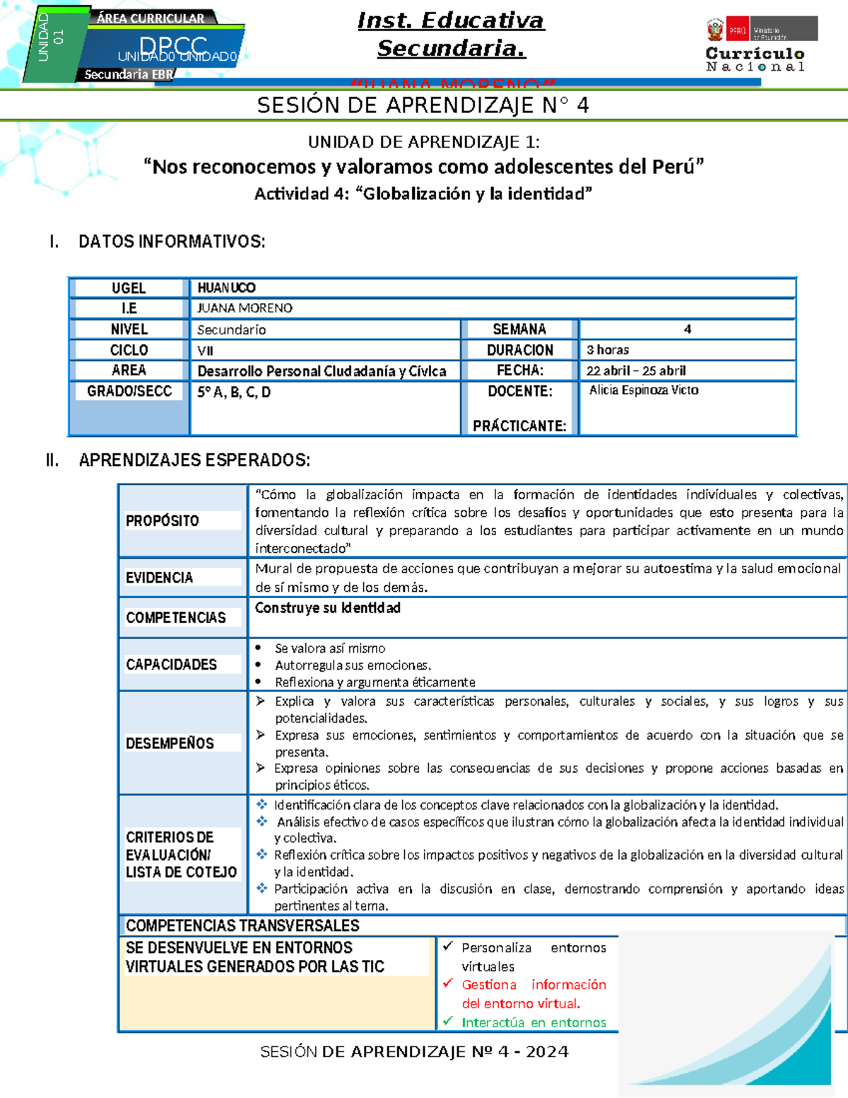 DPCC 5° Sesion 4 UNI 1 SEM 4 - 2024 - Inst. Educativa Secundaria. “JUANA MORENO” Secundaria EBR ...