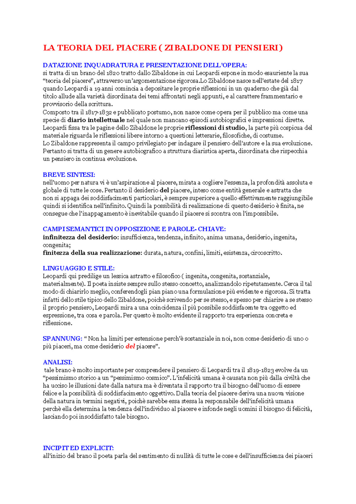 Analisi Della Teoria DEL Piacere - LA TEORIA DEL PIACERE ( ZIBALDONE DI ...