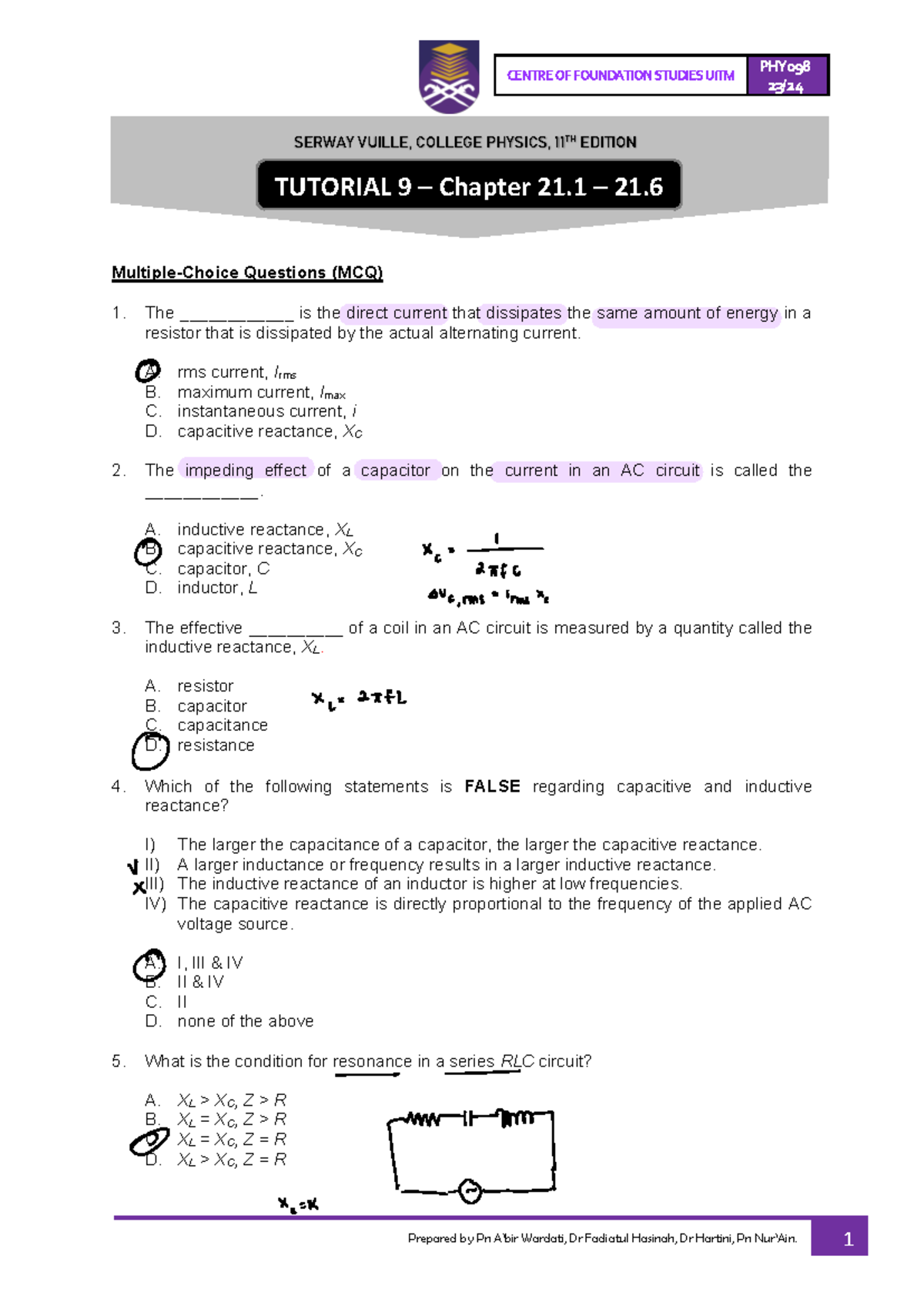 Tutorial 9 - CENTRE OF FOUNDATION STUDIES UiTM PHY 23/ Prepared by Pn A ...