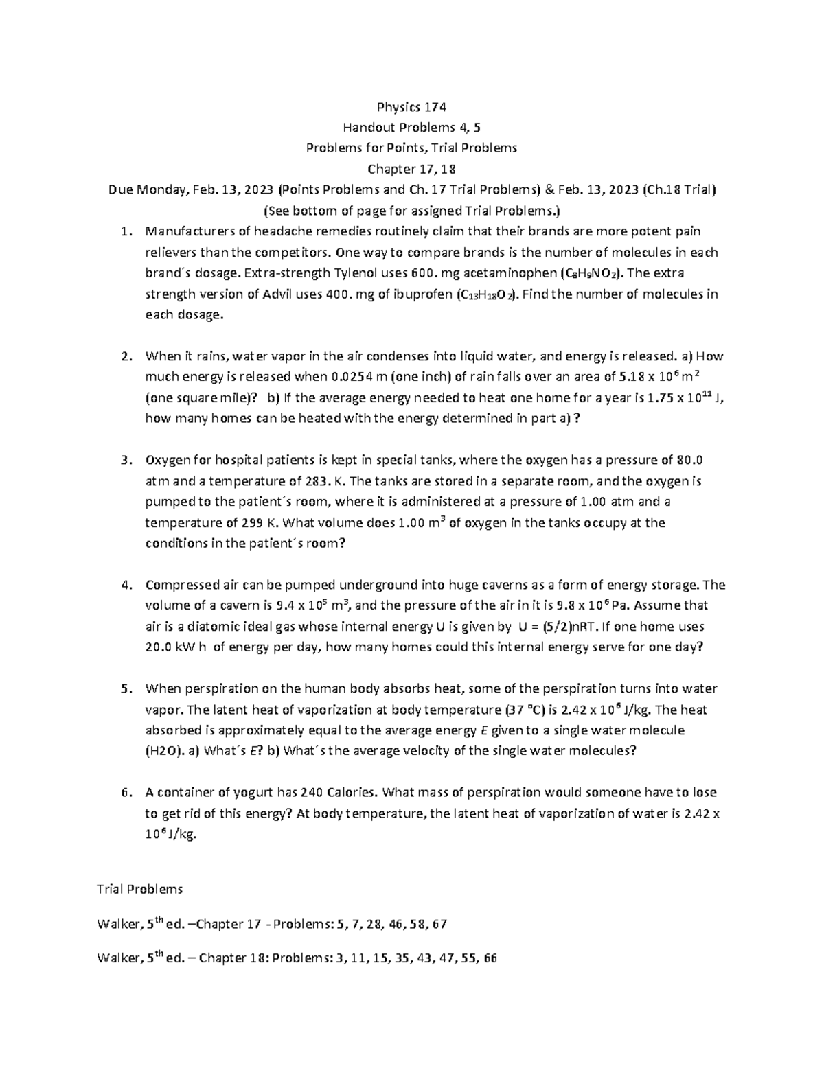 PHY 174 Points Trial Problems 4 5 2023 - Physics 174 Handout Problems 4, 5 Problems for Points ...