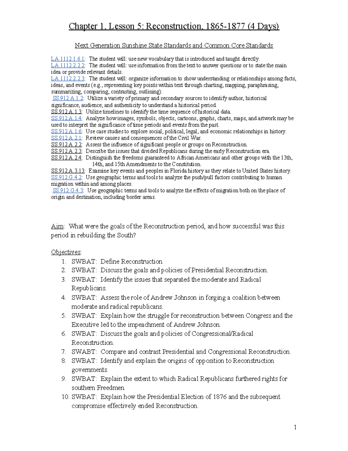 Chapter 1.5 LP- Reconstruction - Chapter 1, Lesson 5: Reconstruction ...