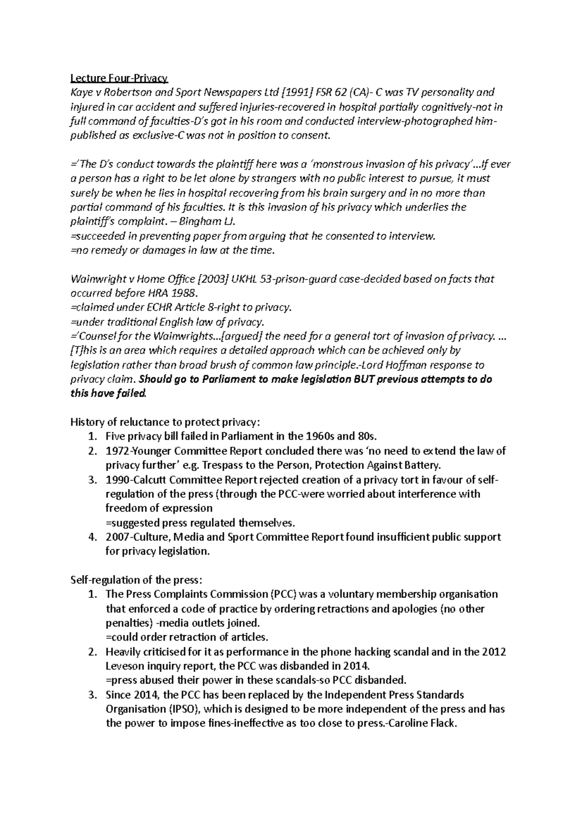 Lecture Four-Privacy - Lecture Four-Privacy Kaye v Robertson and Sport ...