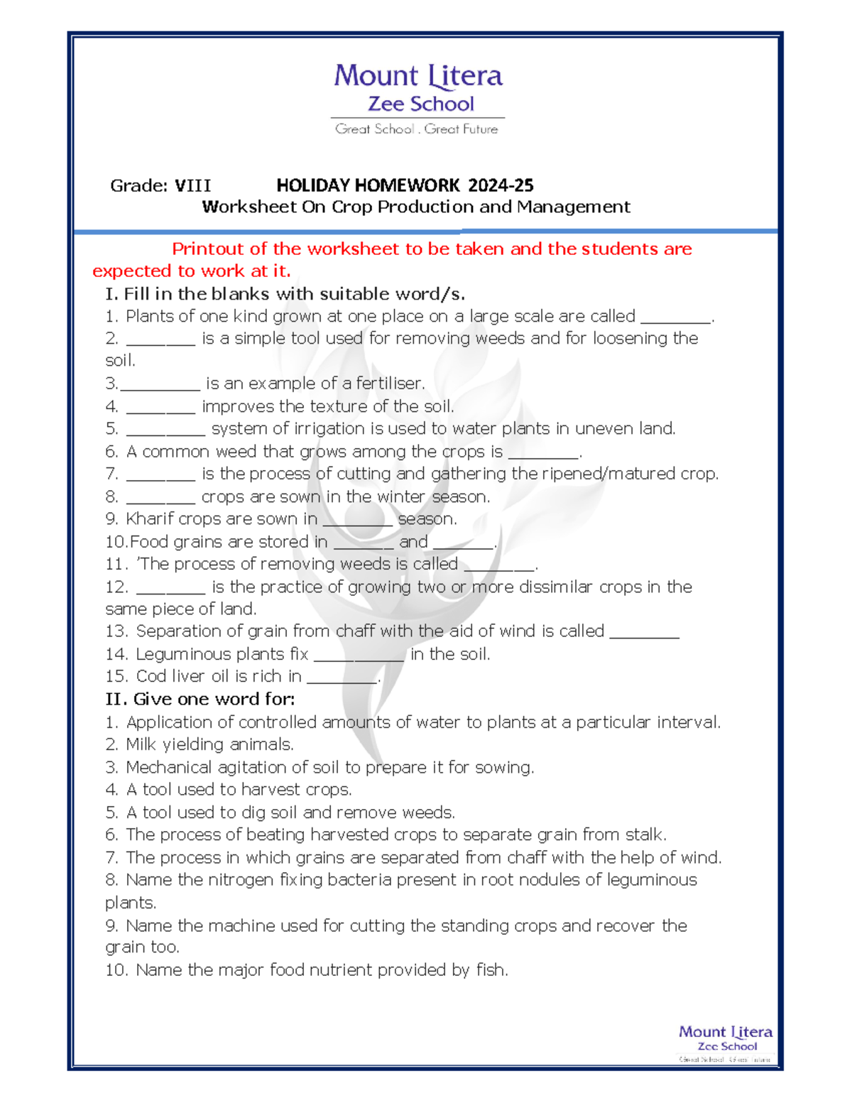 Grade 8 Science - Worksheet - Holiday Homework '24 - Grade: VIII ...