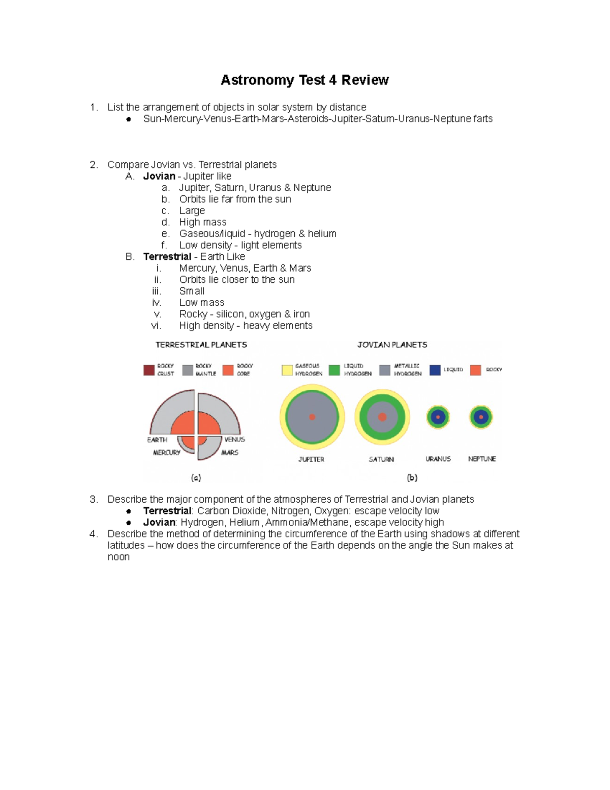 Test 4 Review Qouestions - Astronomy Test 4 Review List the arrangement ...