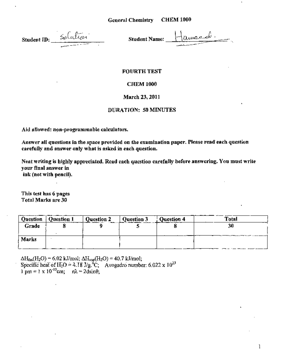 Exam 23 March 2011, questions and answers - midterm - General Chemistry ...