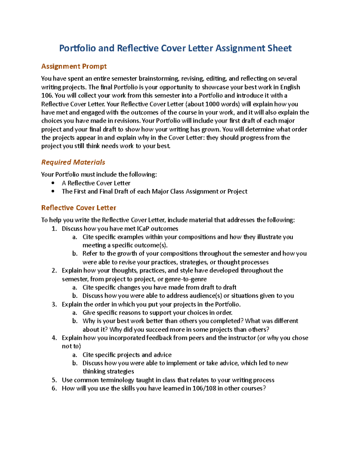 Portfolio and Reflective Cover Letter Assignment Sheet - The final ...