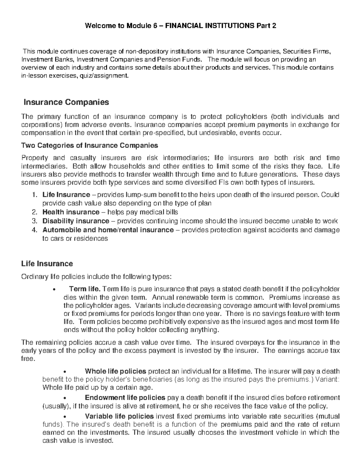 Module 6-FM - Notes - Welcome to Module 6 – FINANCIAL INSTITUTIONS Part ...