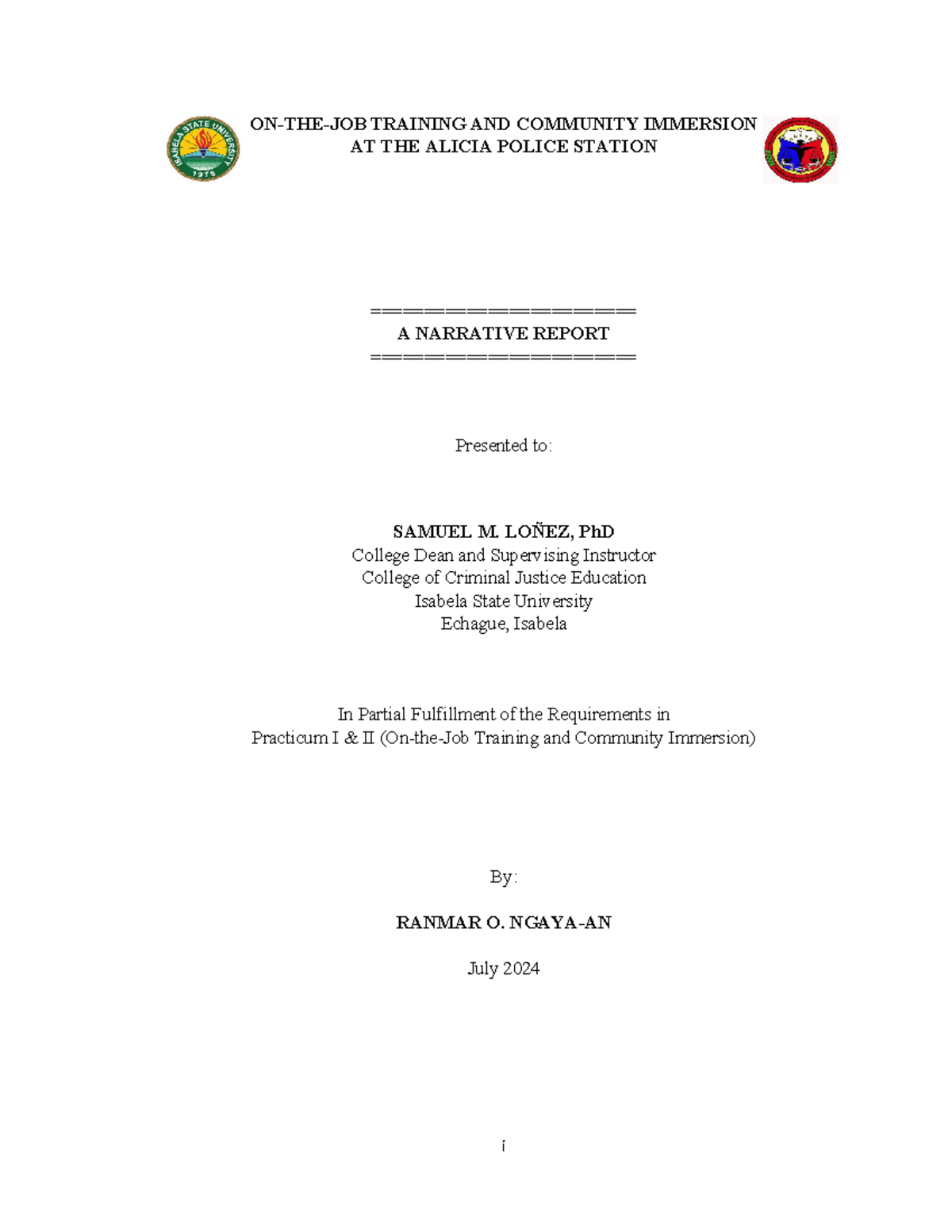 Ngayaan- Narrative cover page - ON-THE-JOB TRAINING AND COMMUNITY ...