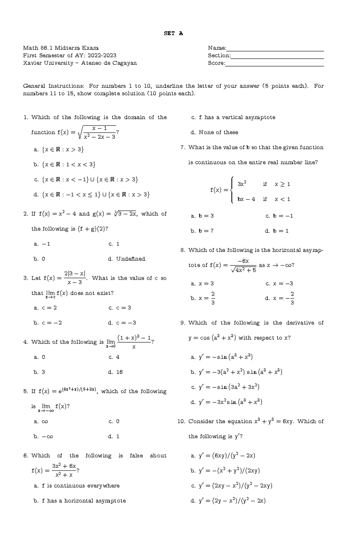 86-Midterm - Challenging - SET A Math 86 Midterm Exam First Semester of ...