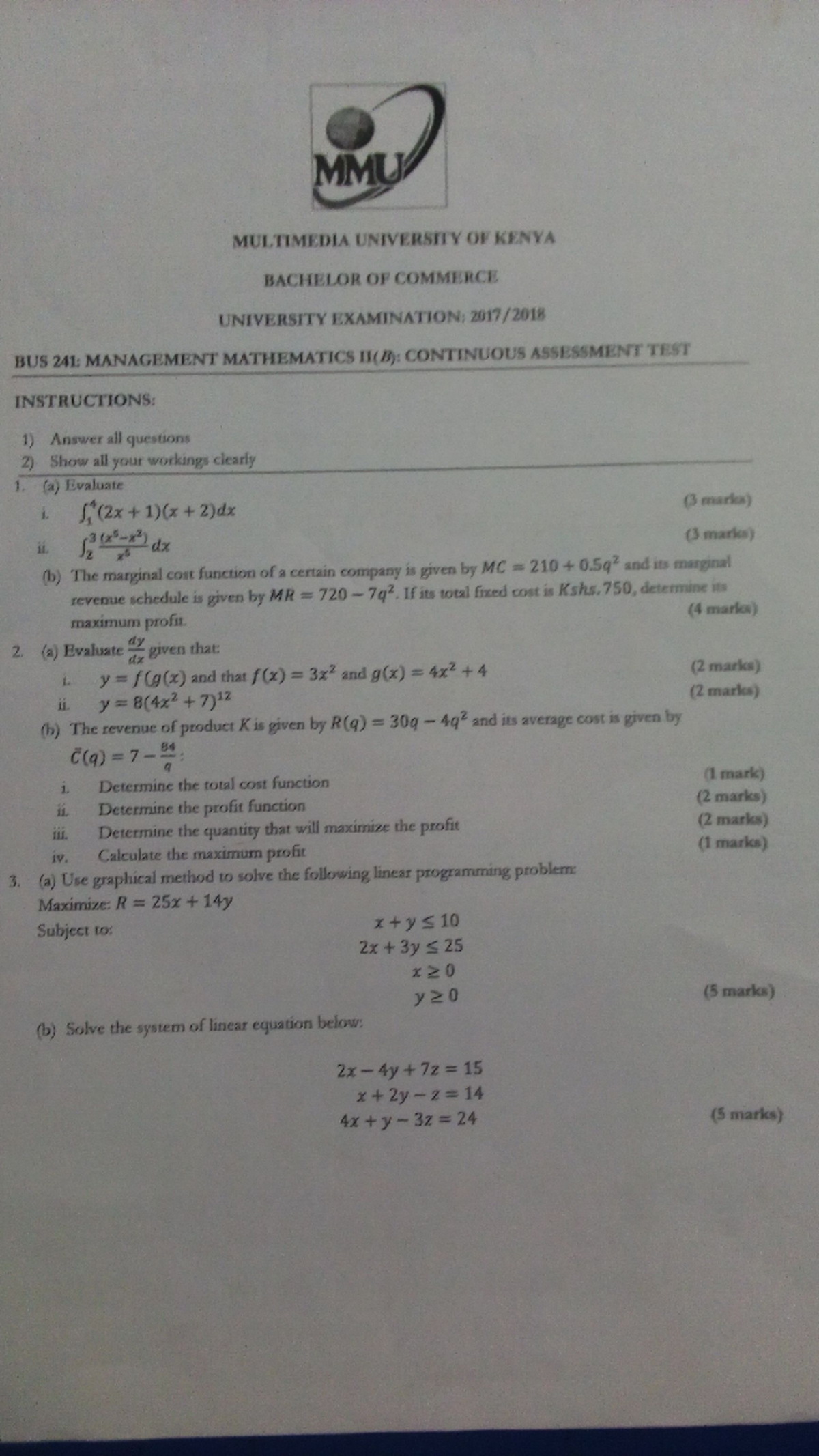 BUS241-Management Math C.A.T with answers - Management Mathematics 1 ...