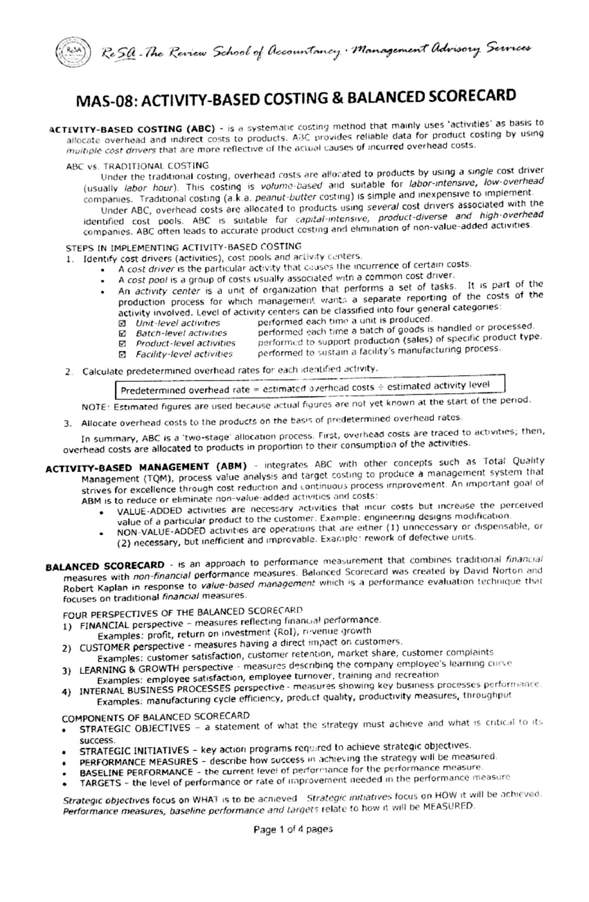 MAS 08 - Activity-Based Costing and Balanced Scorecard - Accountancy ...