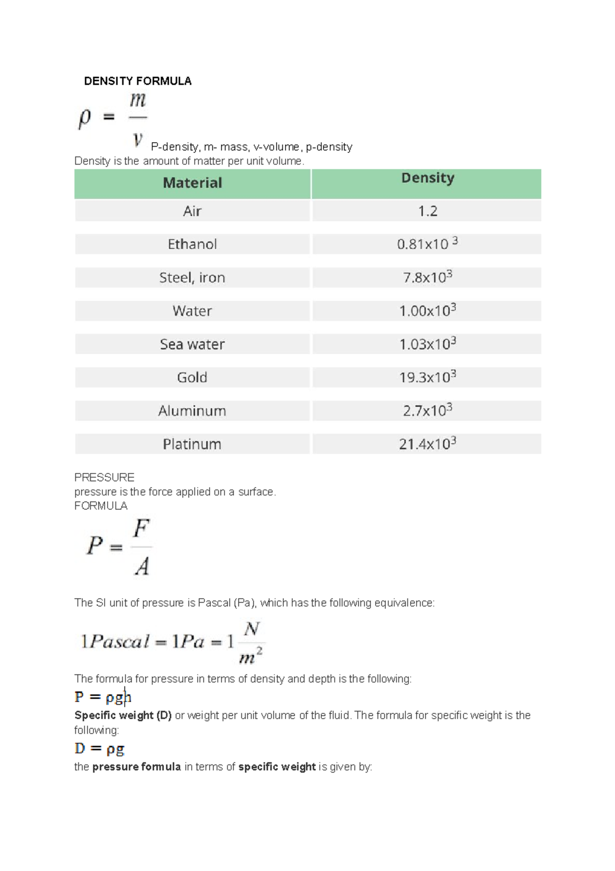 Mass and energy II - DENSITY FORMULA P-density, m- mass, v-volume, p ...