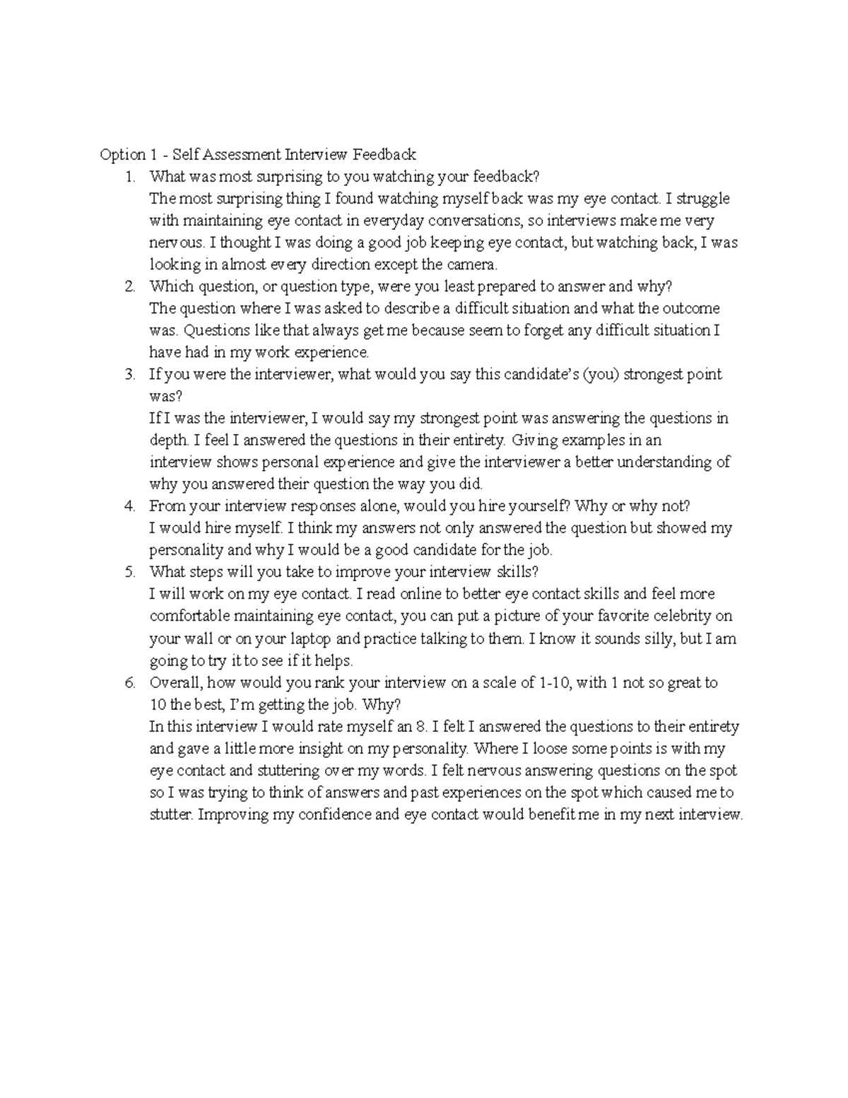 Mock Interview Assignment - Option 1 - Self Assessment Interview ...