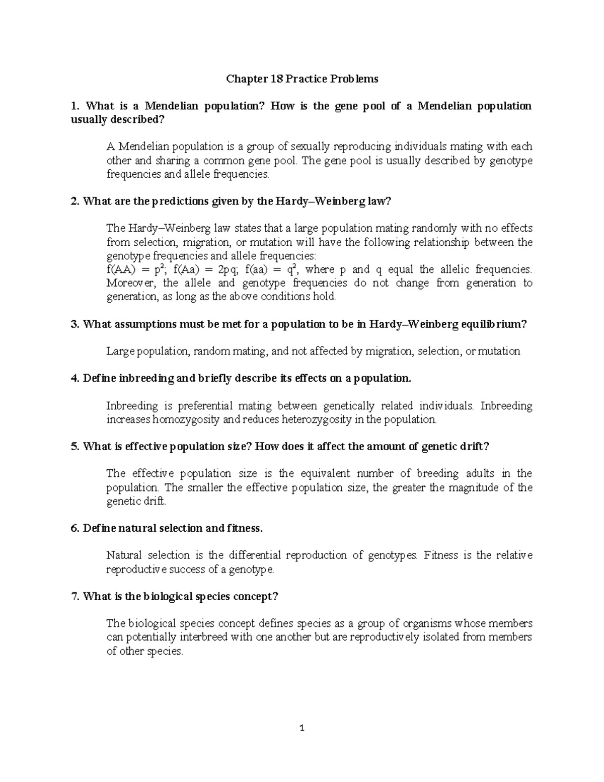 Ch. 18 Practice Problems - Chapter 18 Practice Problems What is a Mendelian population? How is ...