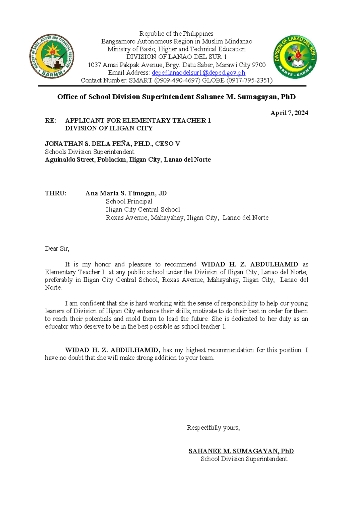 Recommendation Letter - Republic of the Philippines Bangsamoro ...