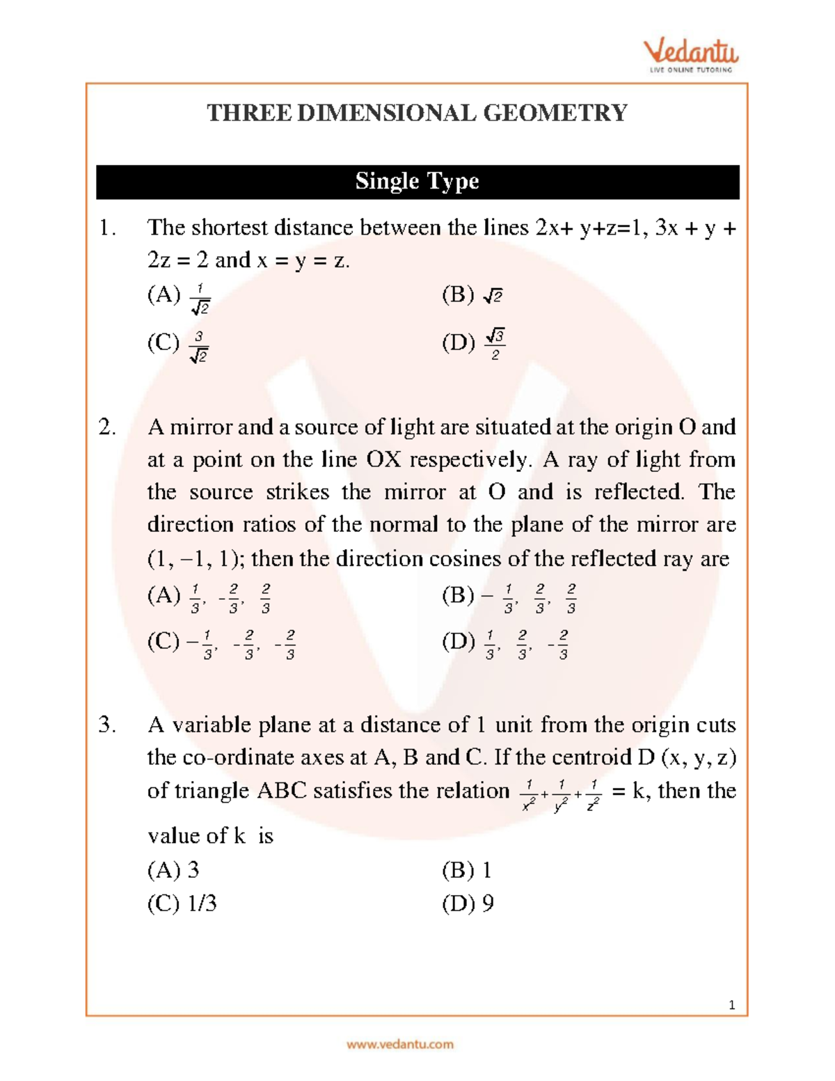 JEE Main Three Dimensional Geometry Important Questions (2022) - THREE ...