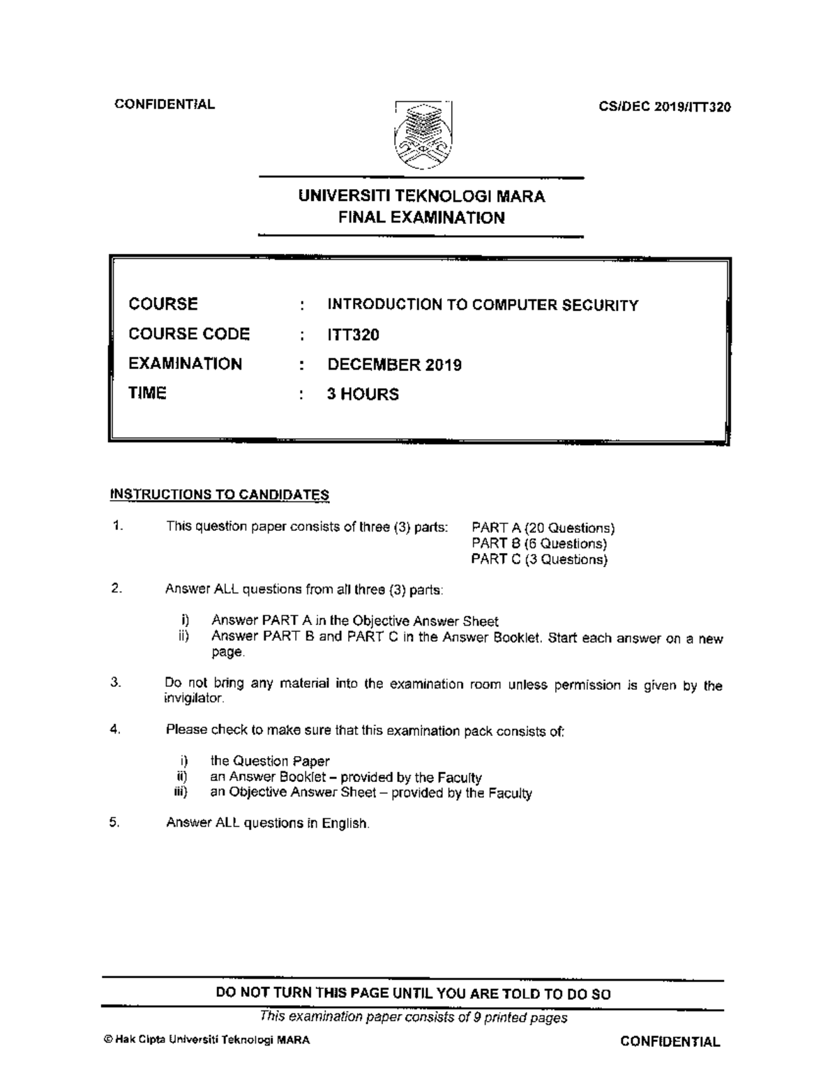 ITT320 - PAST YEAR Final EXAM 2020 - CONFIDENTIAL UNIVERSITI TEKNOLOGI MARA FINAL EXAMINATION ...