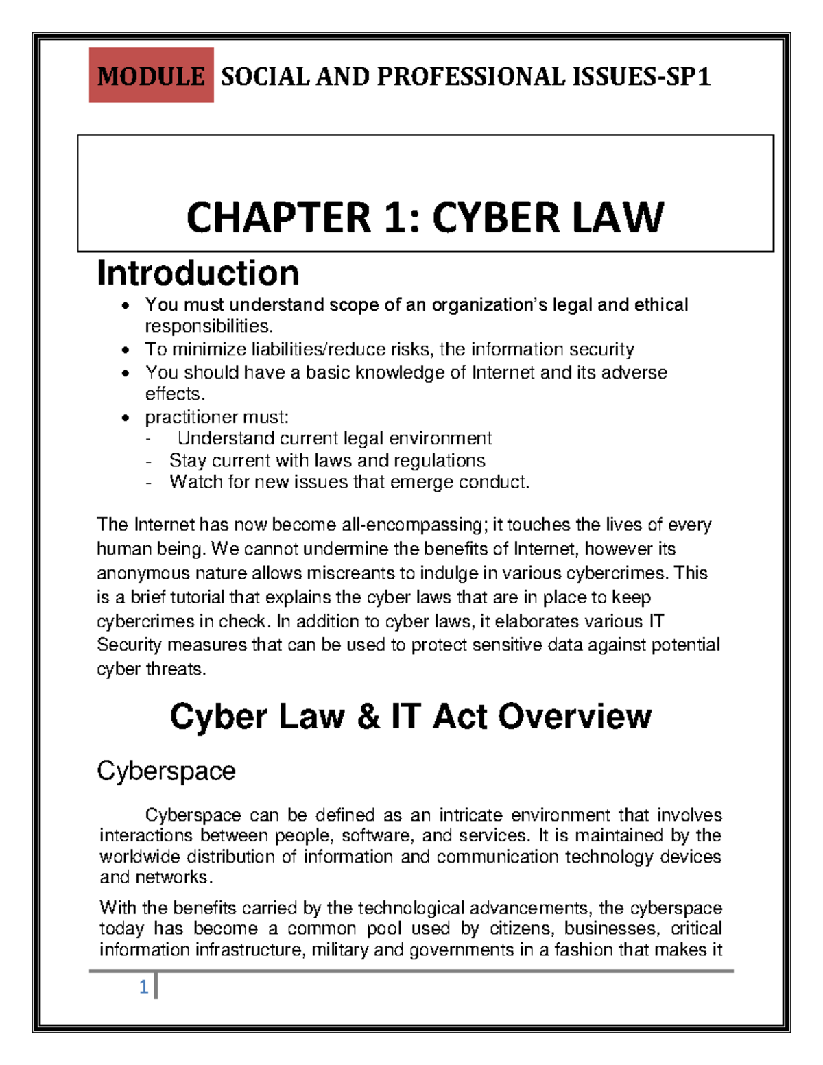 SP1 Chapter 1 - Lecture notes 1 - CHAPTER 1: CYBER LAW Introduction You ...
