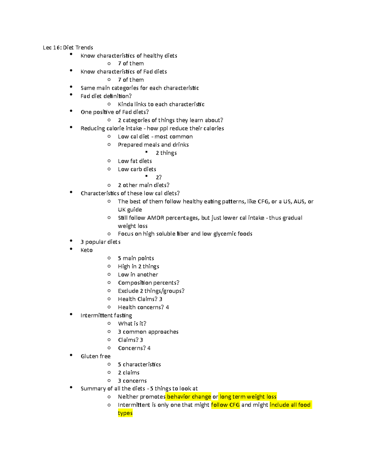 Lecture 16 Notes - Lec 16: Diet Trends Know characterisics of healthy ...