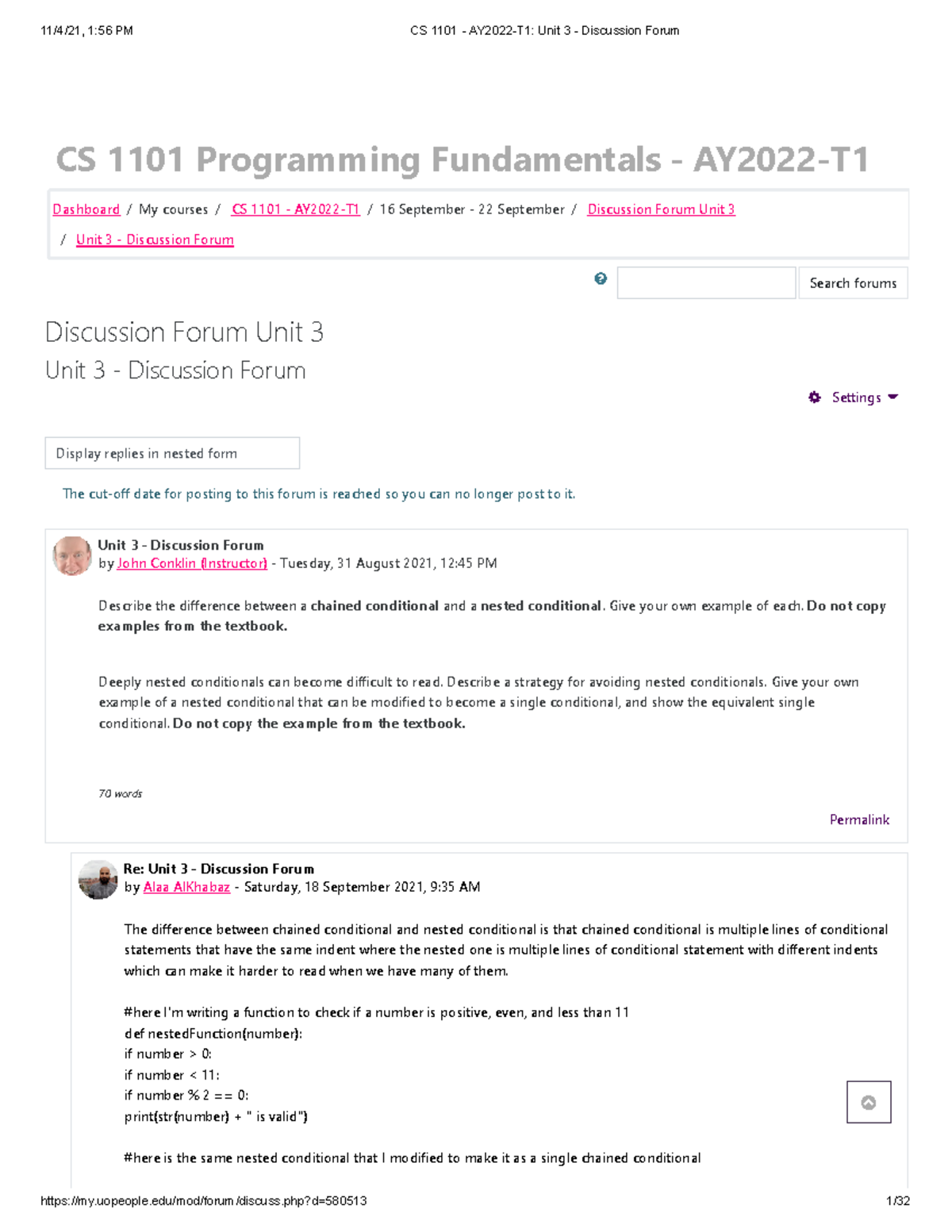 CS 1101 - AY2022-T1 Unit 3 - Discussion Forum - CS 1101 Programming Fundamentals - AY2022-T ...
