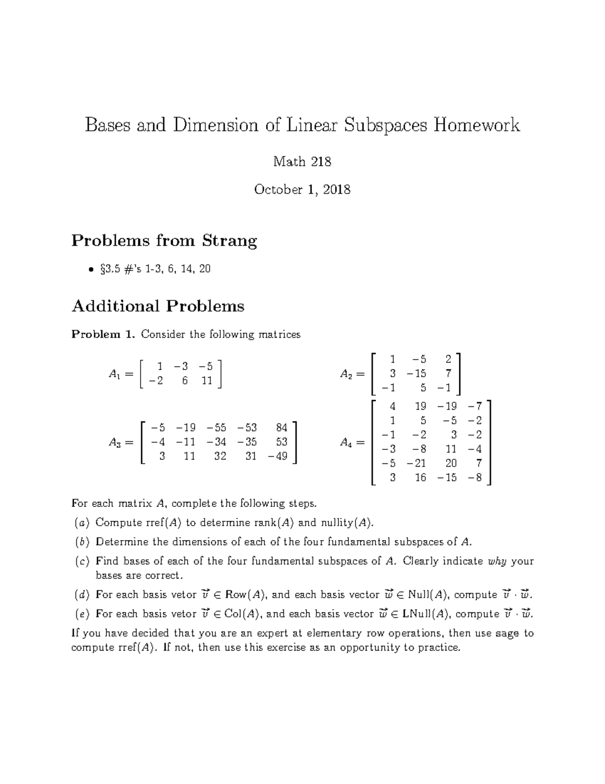 218f18 basis dimension hw - Bases and Dimension of Linear Subspaces ...