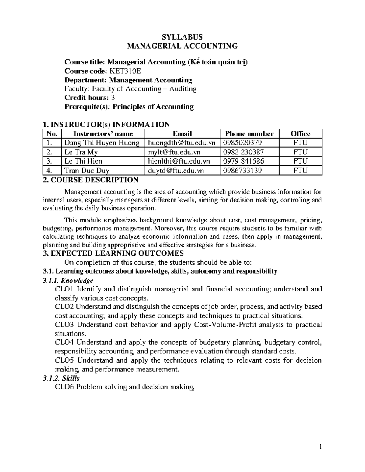 33.KET310E Managerial Accounting - SYLLABUS MANAGERIAL ACCOUNTING ...