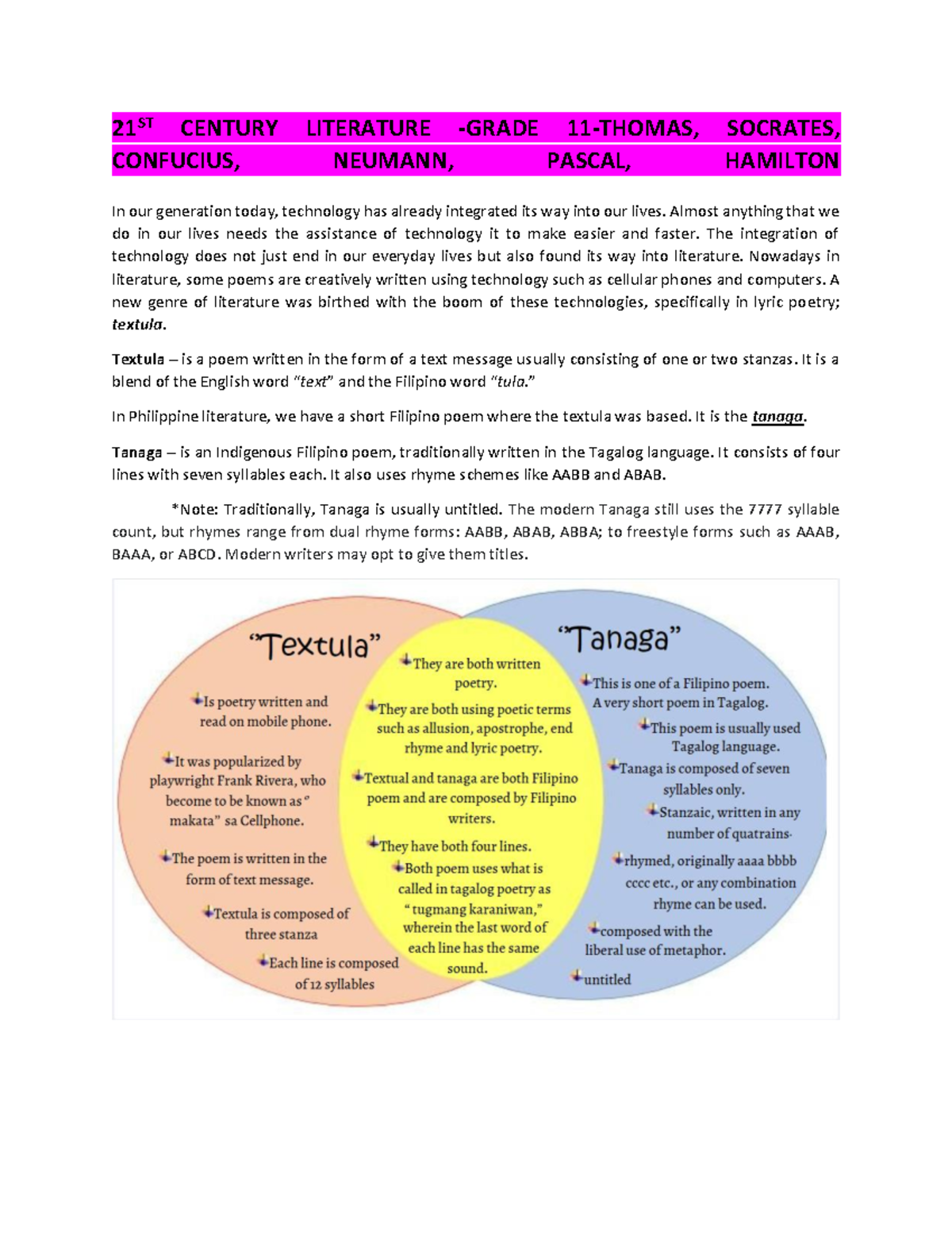 Textula - important - 21 ST CENTURY LITERATURE - GRADE 11 - THOMAS ...