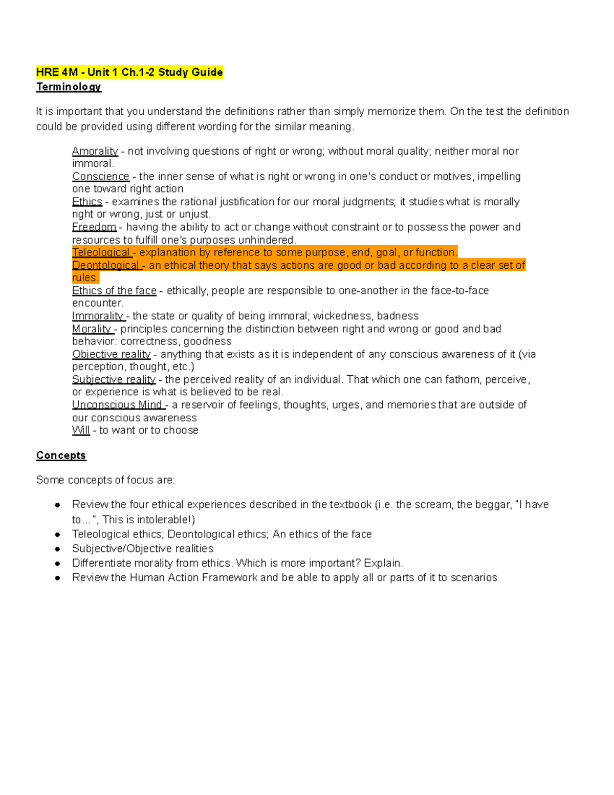 HRE 4M - Unit 1 Ch.1-2 Study Guide - HRE 4M - Unit 1 Ch-2 Study Guide ...