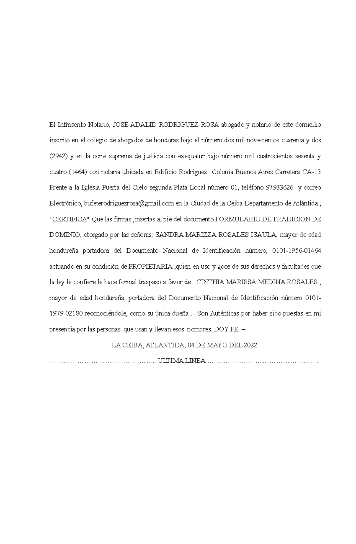 Autentica Cinthia - El Infrascrito Notario, JOSE ADALID RODRIGUEZ ROSA ...