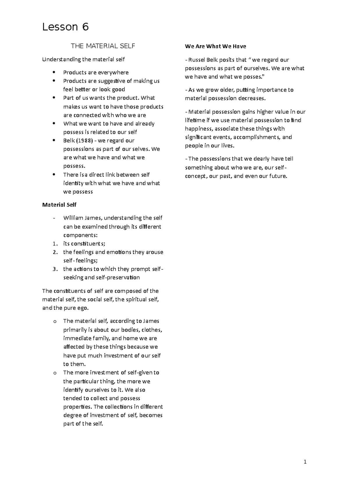 Lesson 6 The Material Self - Lesson 6 THE MATERIAL SELF Understanding ...