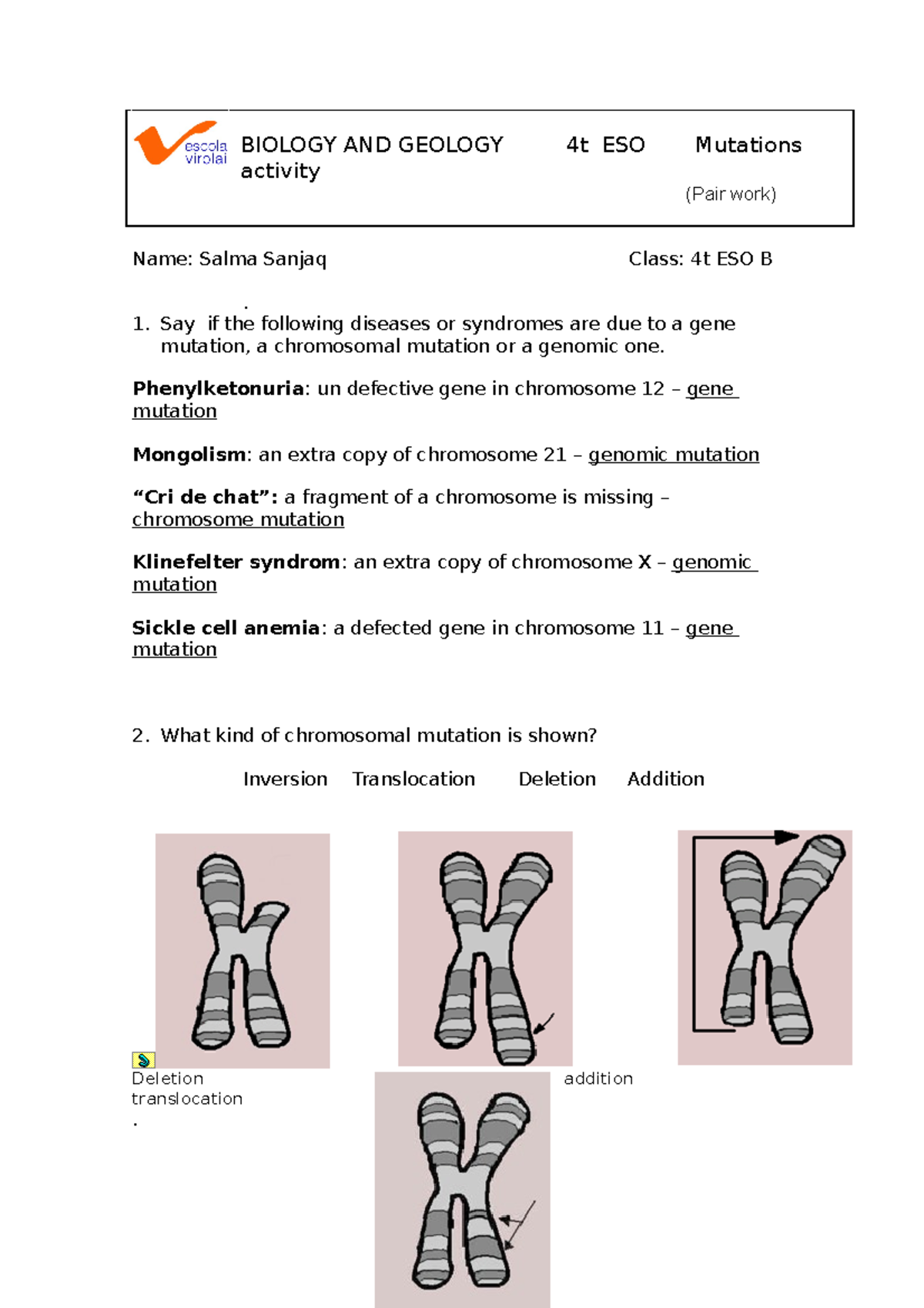 Activity on mutations - hola - BIOLOGY AND GEOLOGY 4t ESO Mutations ...