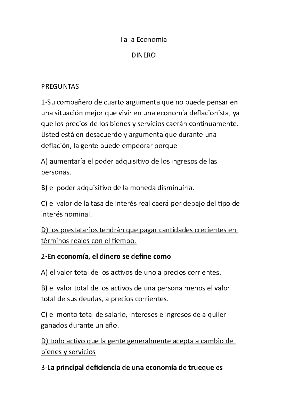 TEST Sobre EL Dinero - Asignatura Economía tipos test resueltos que ...
