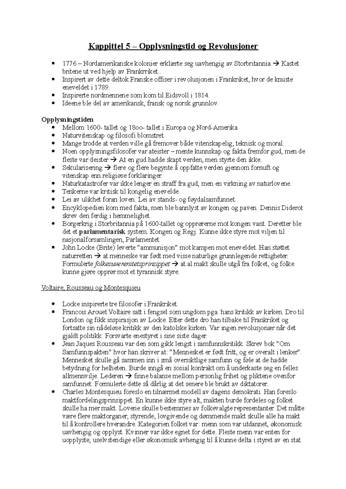 Opplysningstid og revolusjoner Kapittel 5 Notater 12915 - FIL100 - USN - Studocu