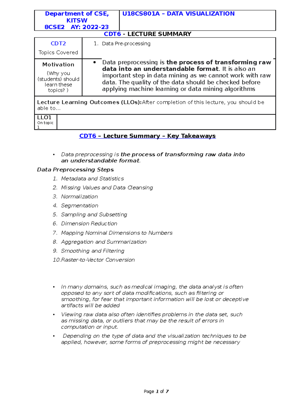 DV CDT6 - Cghnn - KITSW 8CSE2 AY: 2022- CDT6 - LECTURE SUMMARY CDT Topics Covered Data - Studocu
