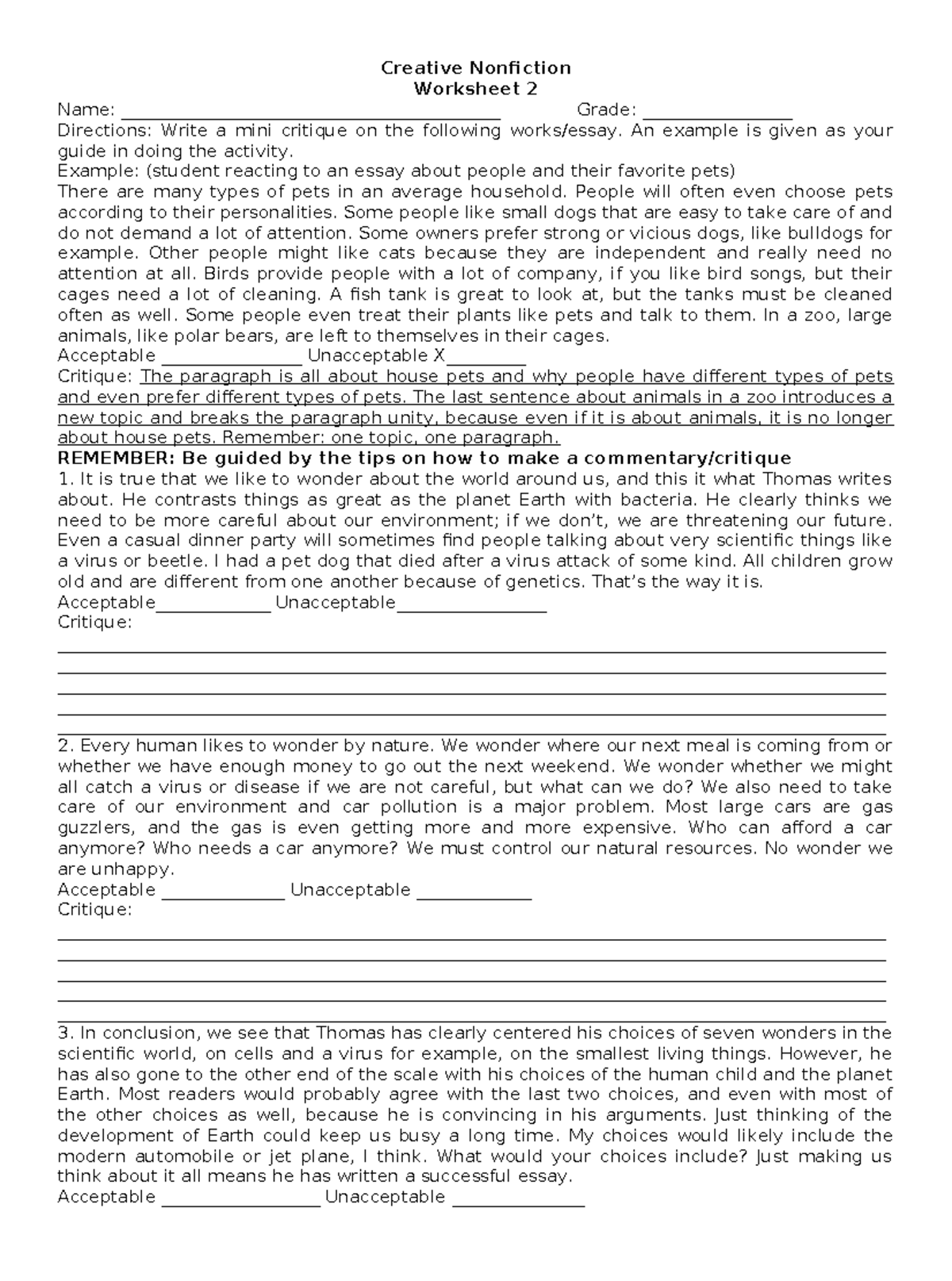 CNF Worksheet 2 - Creative Nonfiction Worksheet 2 Name ...