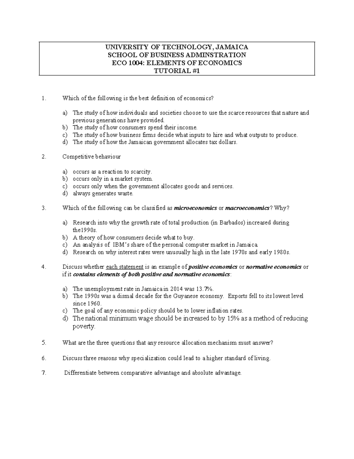 Tutorial Sheet#1.2020 - UNIVERSITY OF TECHNOLOGY, JAMAICA SCHOOL OF ...