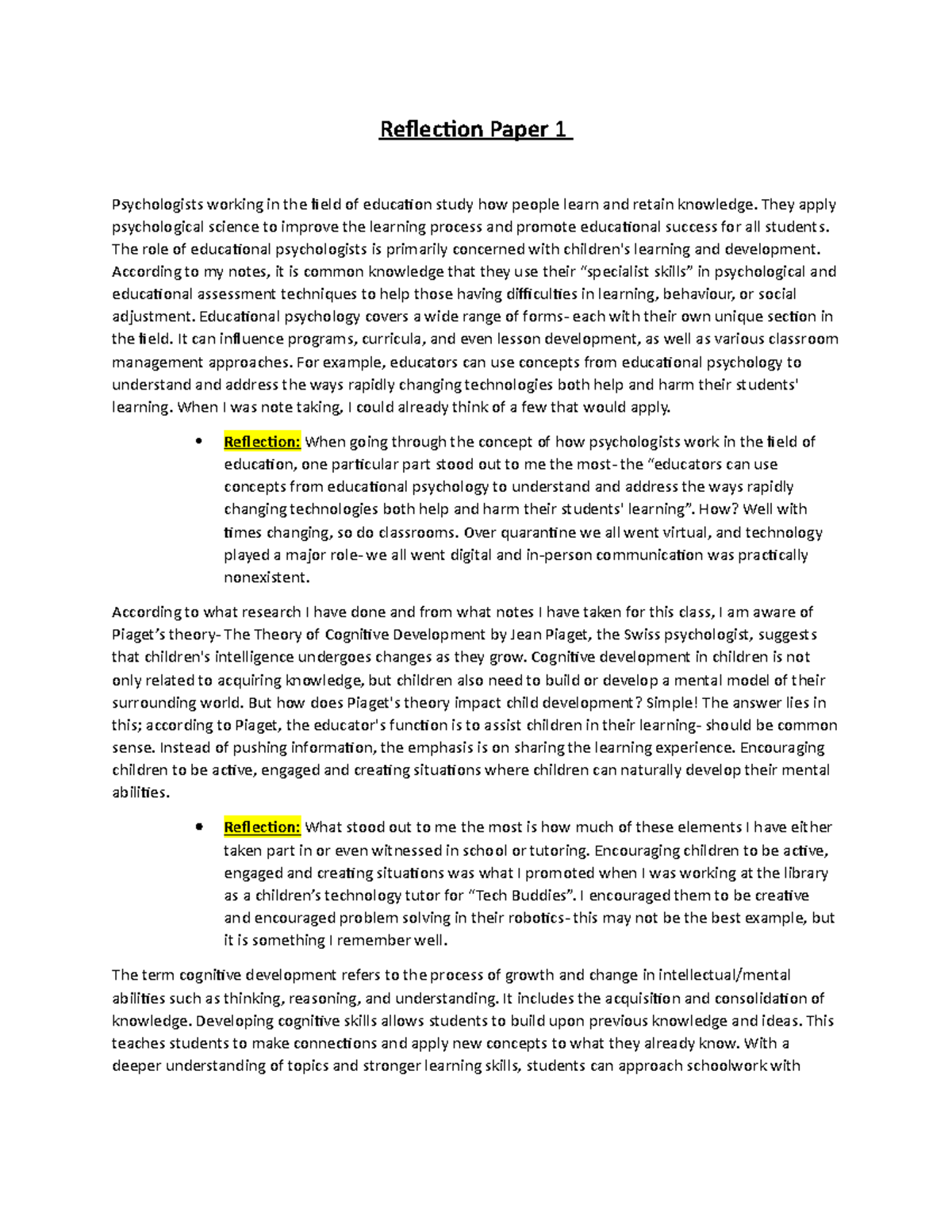 Reflection Paper 1 - This professor requires you to complete this ...