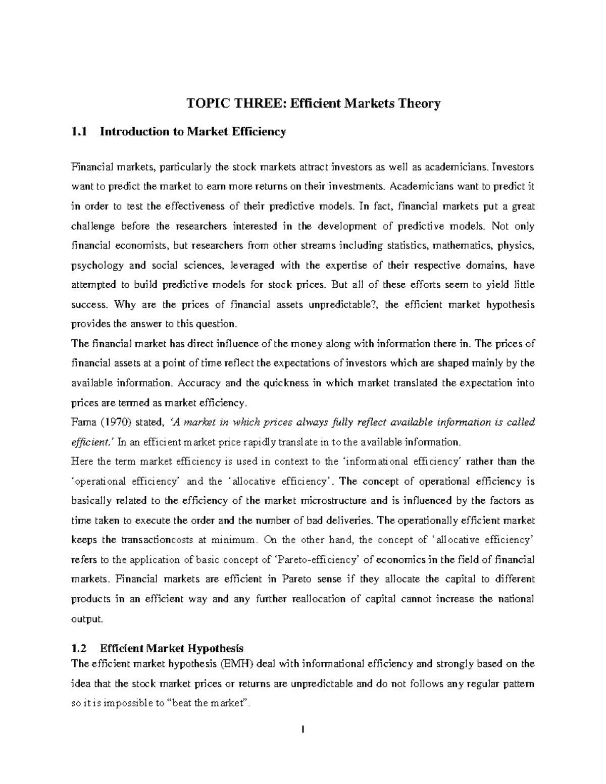 Topic ONE Efficient Markets Theory - TOPIC THREE: Efficient Markets ...