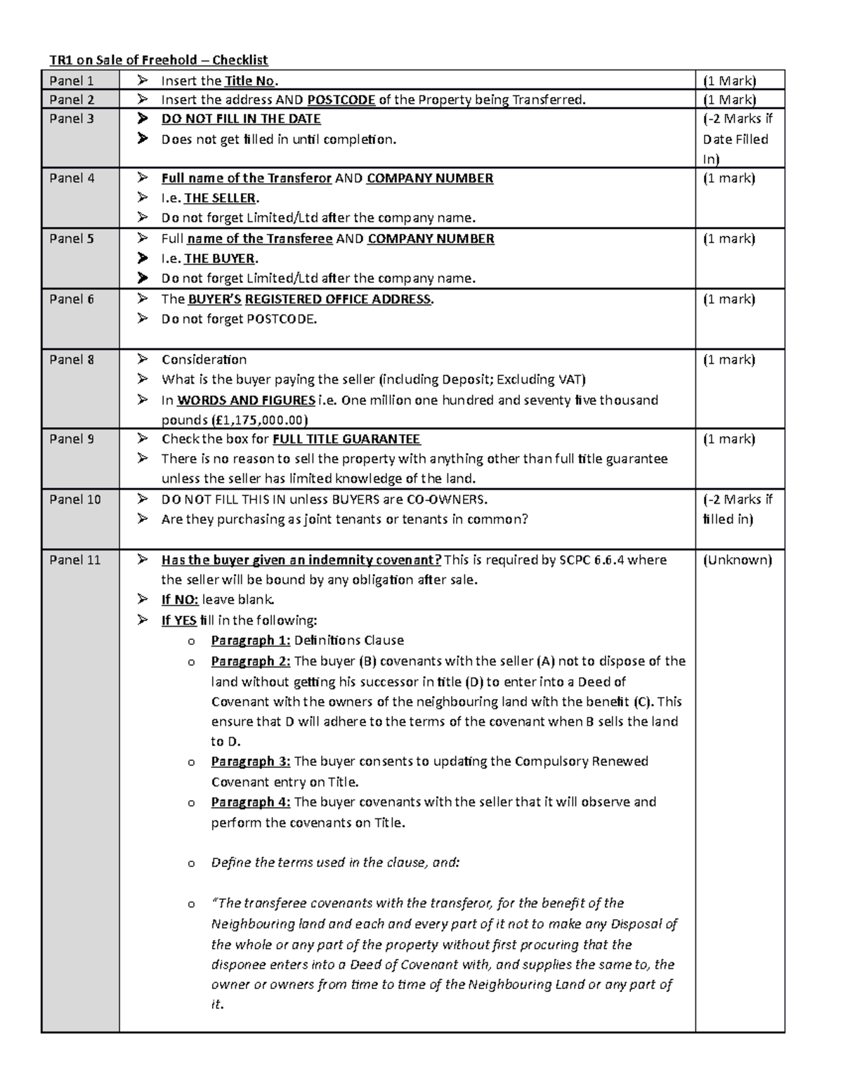 4. TR1 on Sale of Freehold Drafting Checklist - TR1 on Sale of Freehold ...