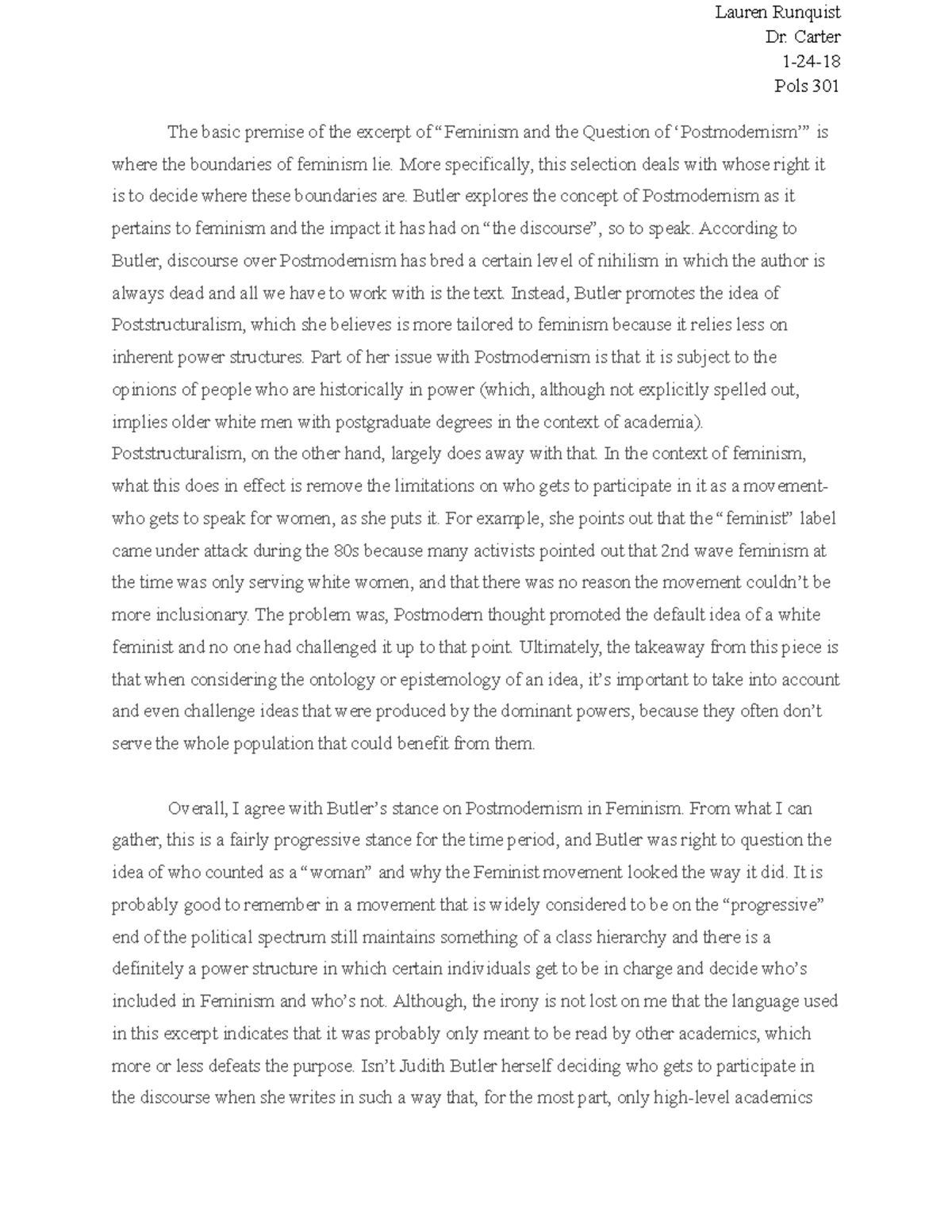 Judith Butler Analysis - Lauren Runquist Dr. Carter Pols 301 The basic ...