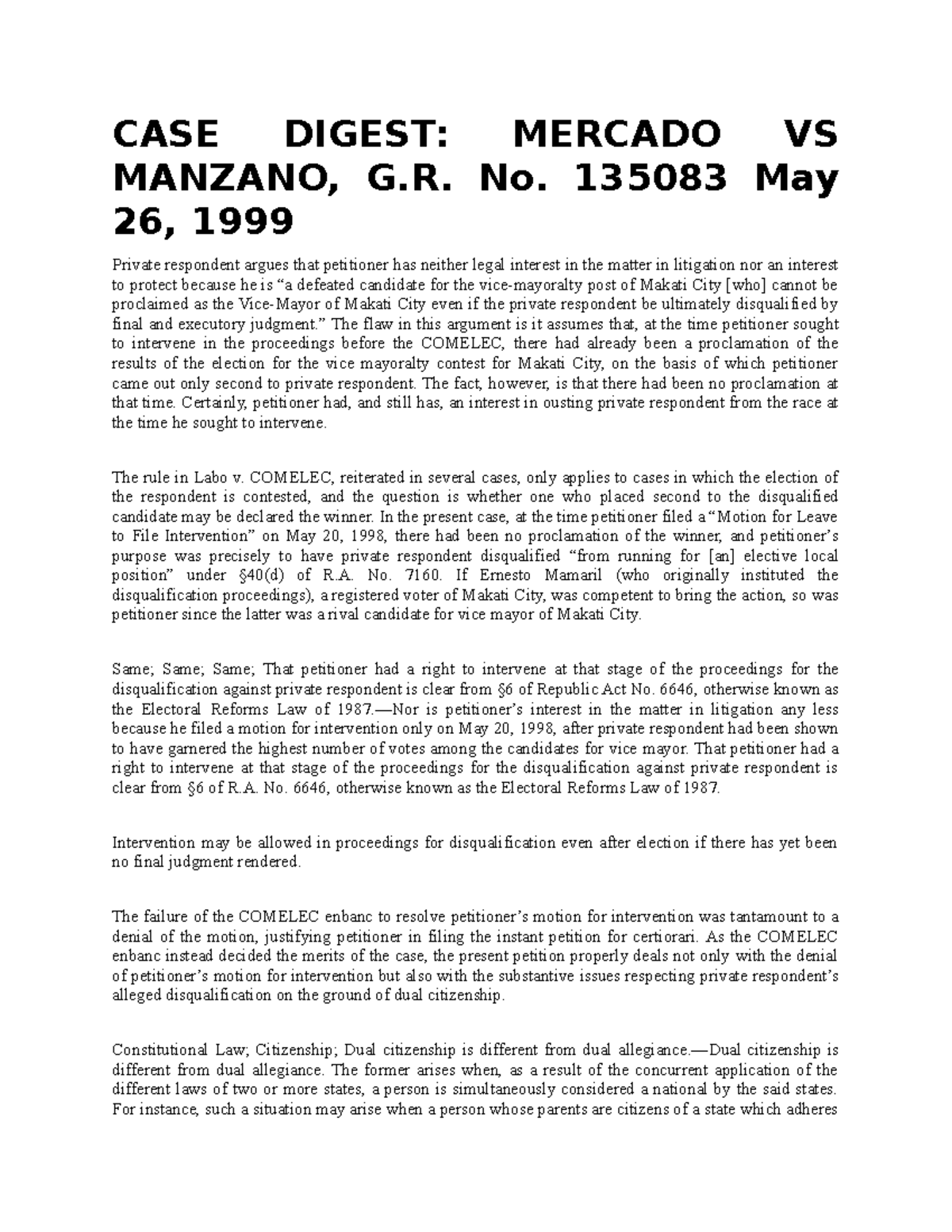 CASE Digest - Mercado vs Manzano - CASE DIGEST: MERCADO VS MANZANO, G ...