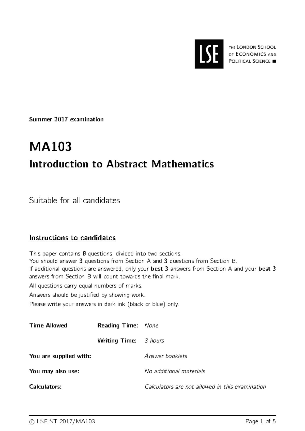 MA103 Past Paper 2017 - Summer 2017 examination MA Introduction to ...