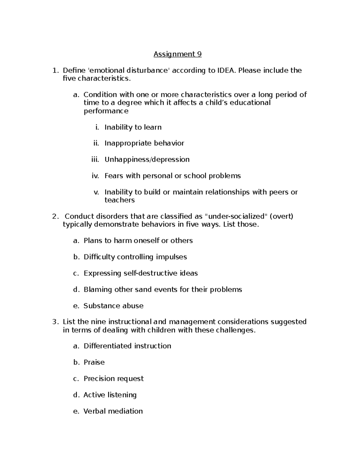 Assignment 7 - Special populations-R. Bonnette - Assignment 9 Define 'emotional disturbance ...