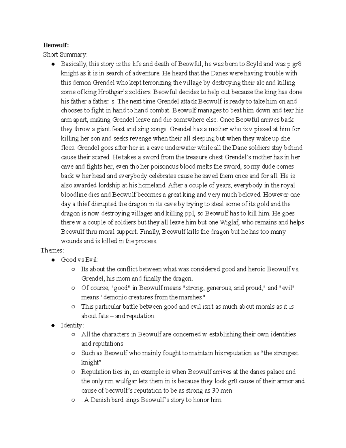 ENG202 EXAM PREP-1 - Beowulf: Short Summary: Basically, this story is ...