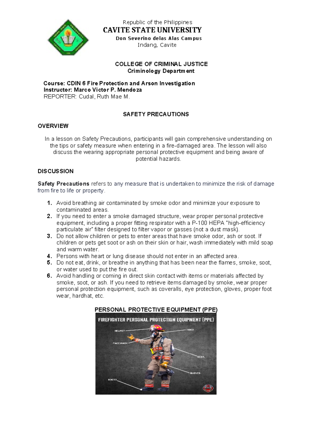 Cudal Safety- Precautions - Republic of the Philippines CAVITE STATE UNIVERSITY Don Severino ...