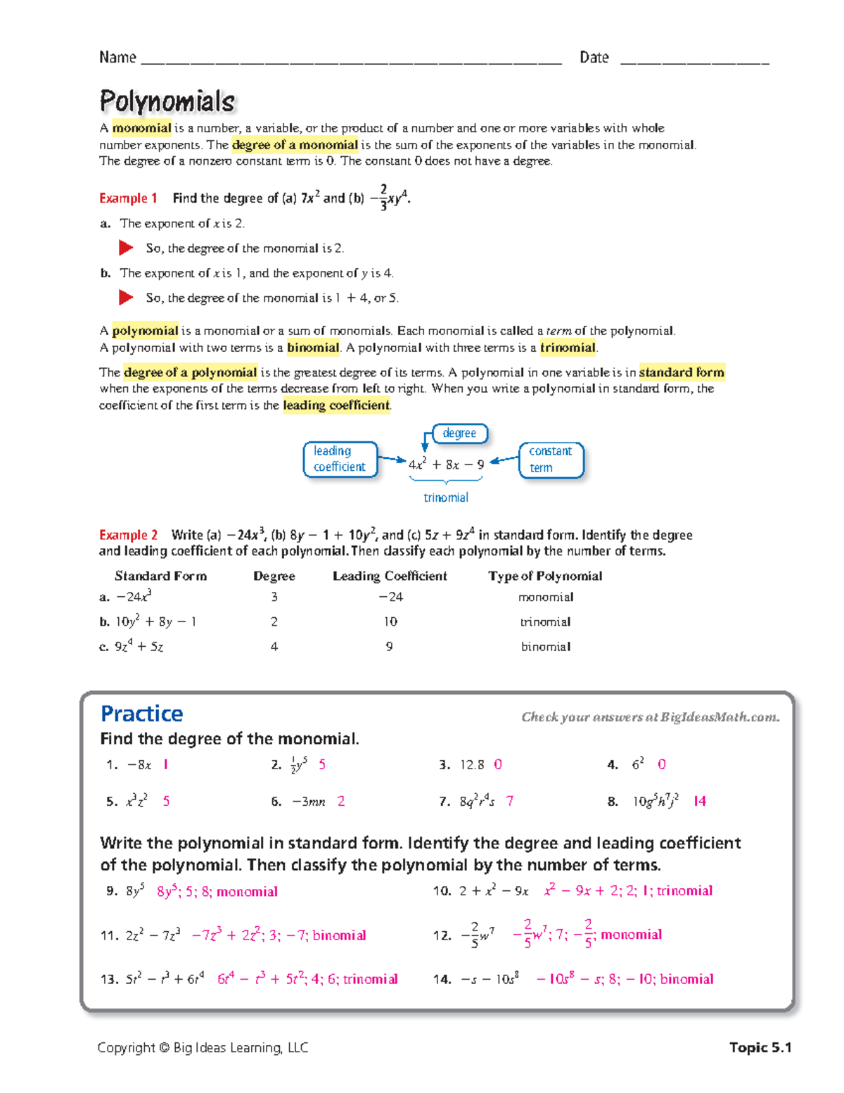 Hscc srh 0501 a - Answer key - Copyright © Big Ideas Learning, LLC ...